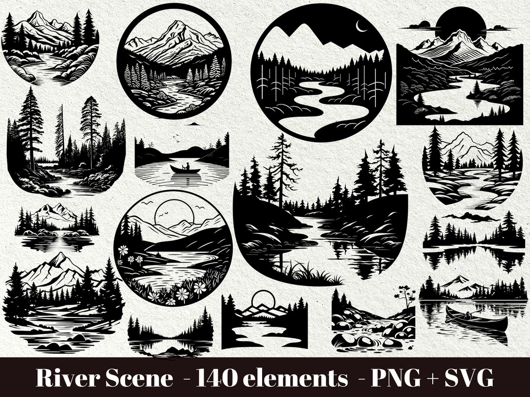 River Scene Svg / Landscape Svg Wood / River Svg File / Mountain and ...