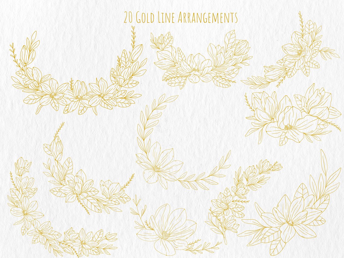 Gold Wreath Clipart / Gold Line ART Flowers / Floral Arrangement PNG ...