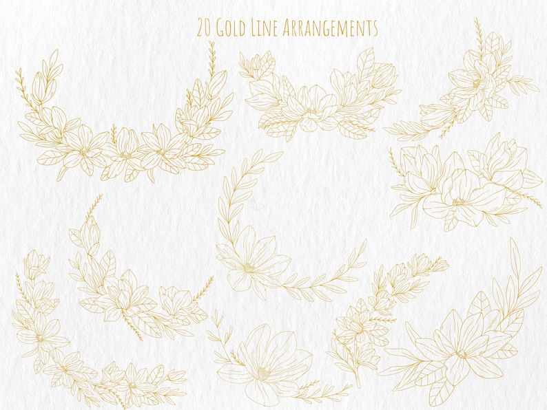 Gold Wreath Clipart / Gold Line ART Flowers / Floral - Etsy