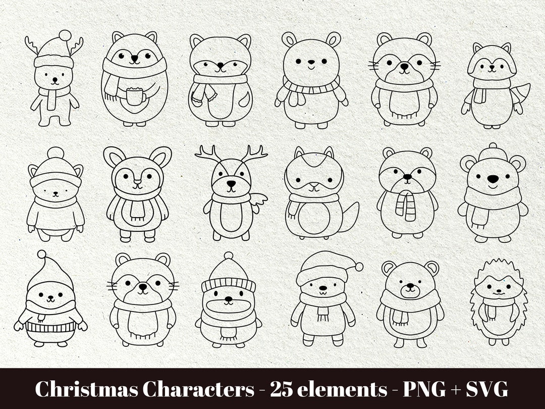Christmas Woodland Animals SVG / Winter Line Animals Clipart / Black ...