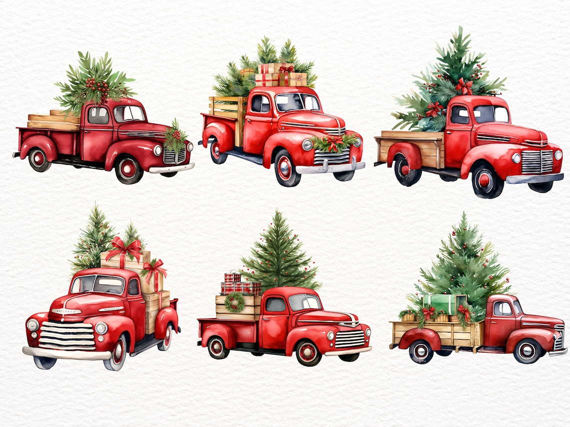 Christmas Red Truck Clipart / Watercolor Christmas Truck Clipart ...