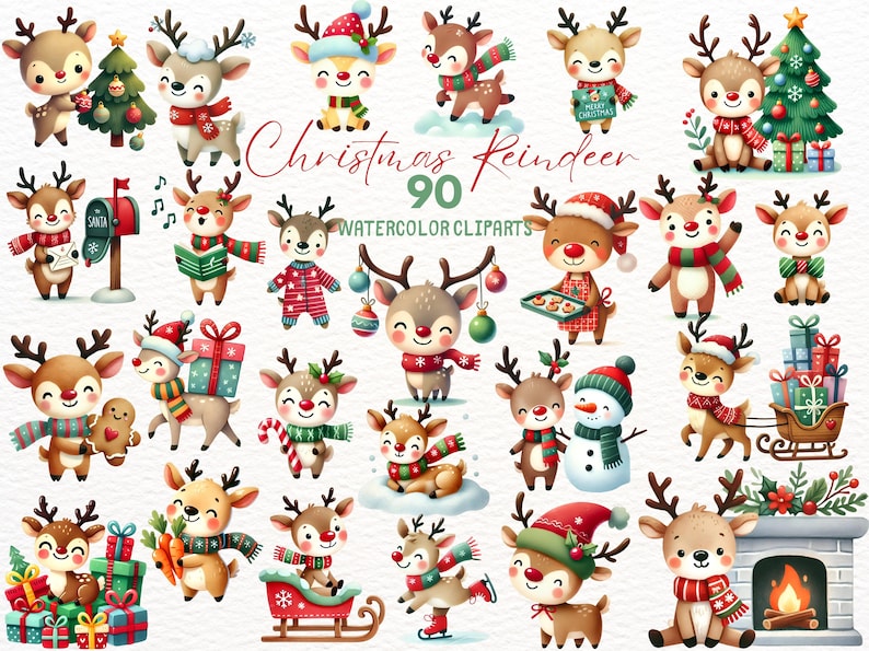 Cute Christmas Reindeer Clipart / Watercolor Christmas Reindeer Clipart ...