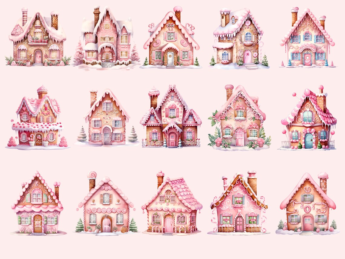 Gingerbread House Clipart / Pink Christmas Watercolor Clipart ...