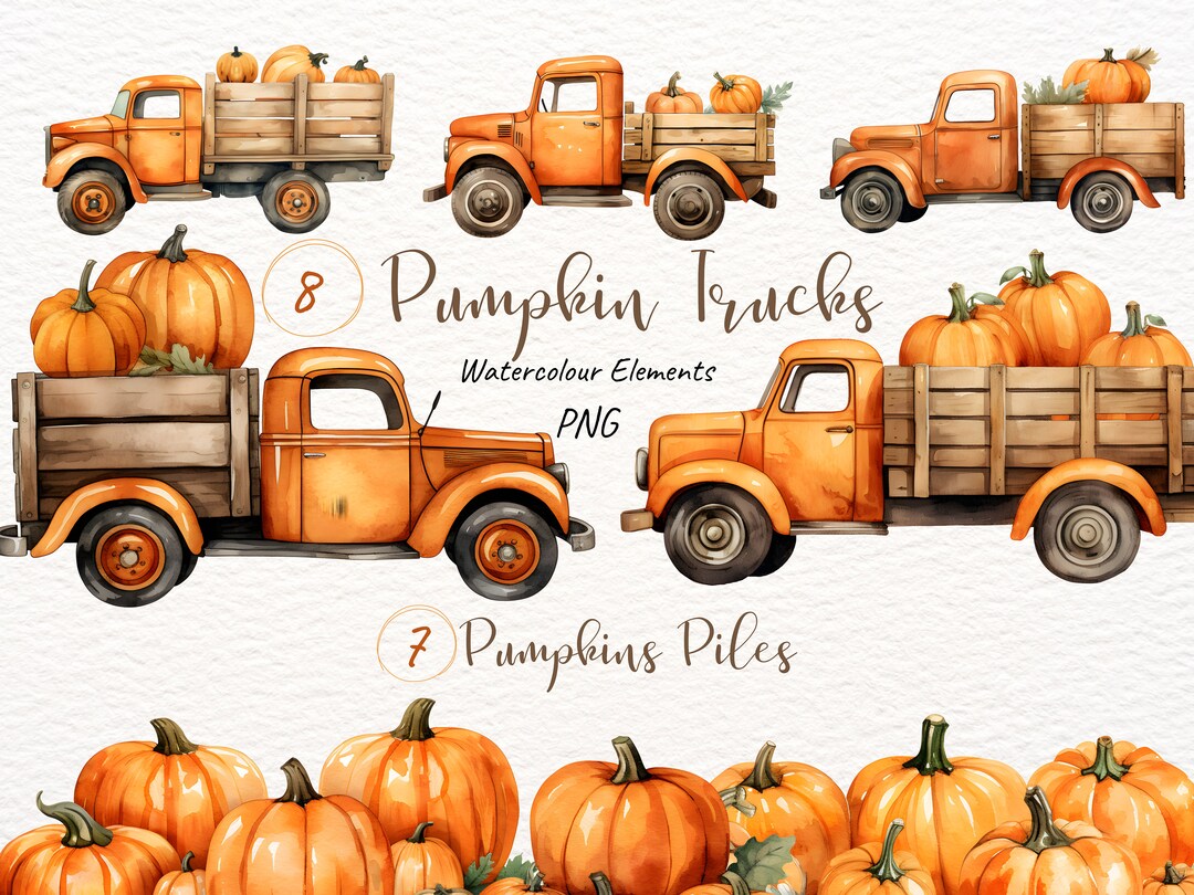 8 Pumpkin Truck Clipart / Watercolor Pumpkin Truck / Fall PNG Bundle ...
