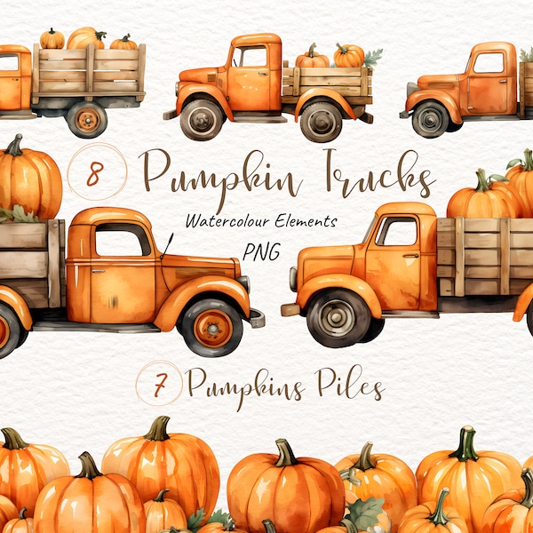 Watercolor Pickup Truck and Pumpkins Clipart Autumn Scenery ...