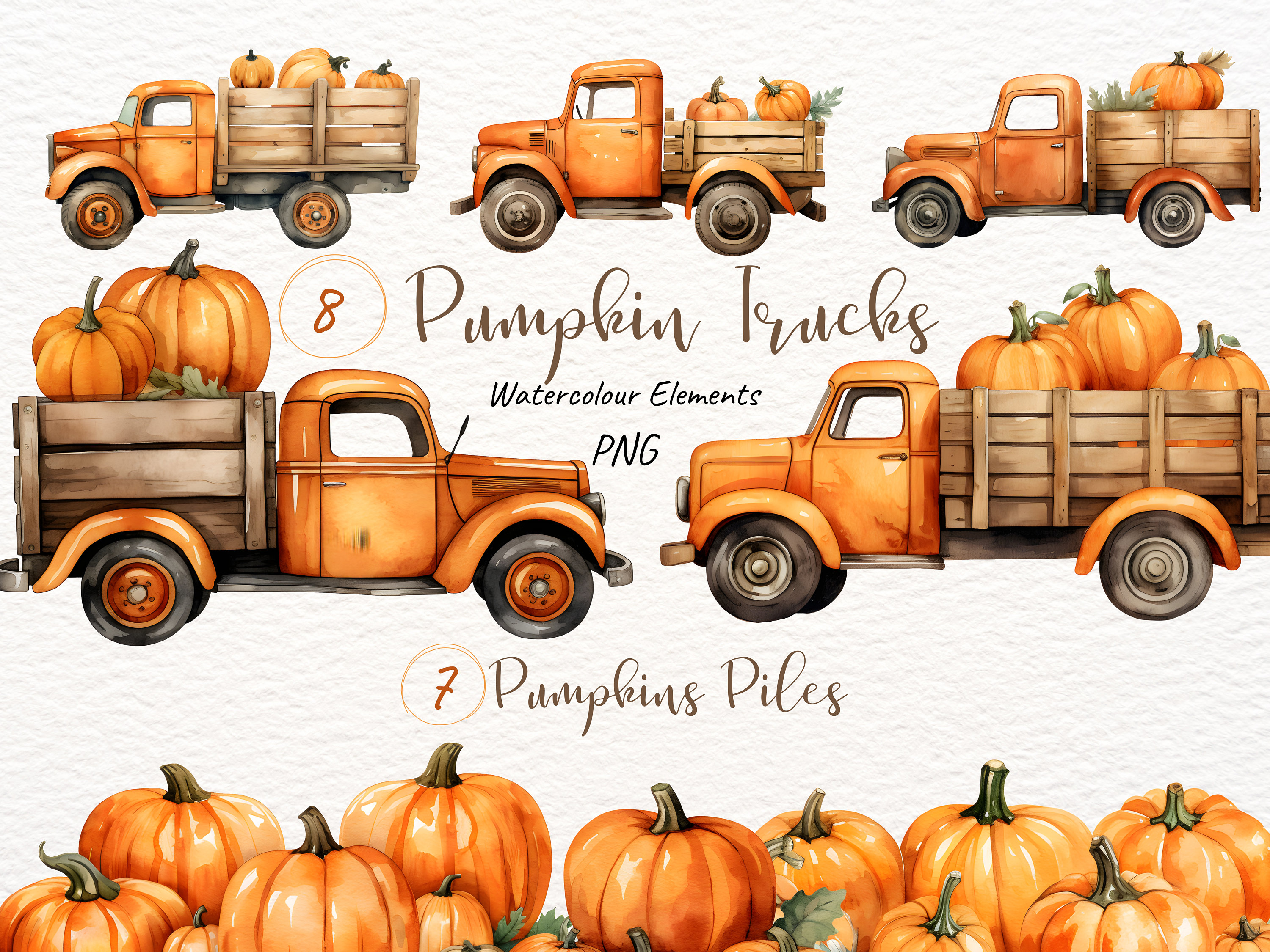 8 Pumpkin Truck Clipart / Watercolor Pumpkin Truck / Fall PNG Bundle ...