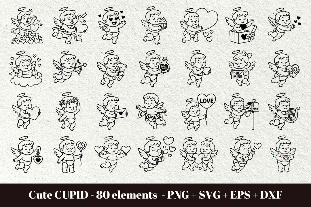 Valentine's Day Cupid SVG Bundle - Cupid Doodle Line Art (80 Files ...