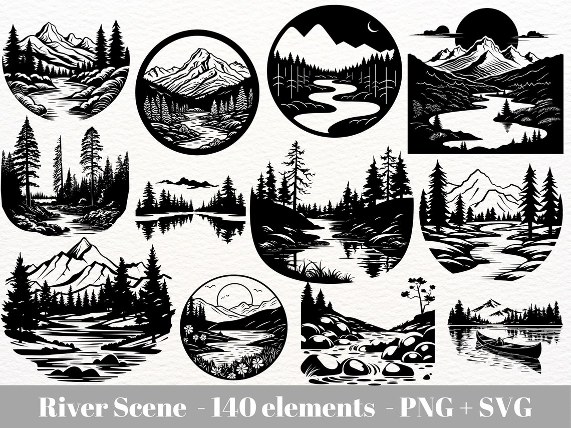 River Scene Svg / Landscape Svg Wood / River Svg File / Mountain and ...
