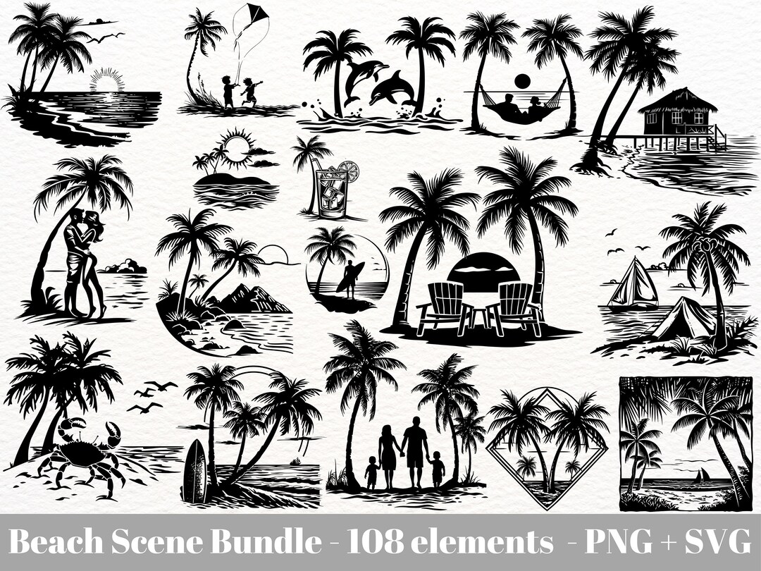 Beach Scene Svg Bundle / Sunset Beach Svg / Sunset Landscape / Nature Scene / Tropical Svg Files ...