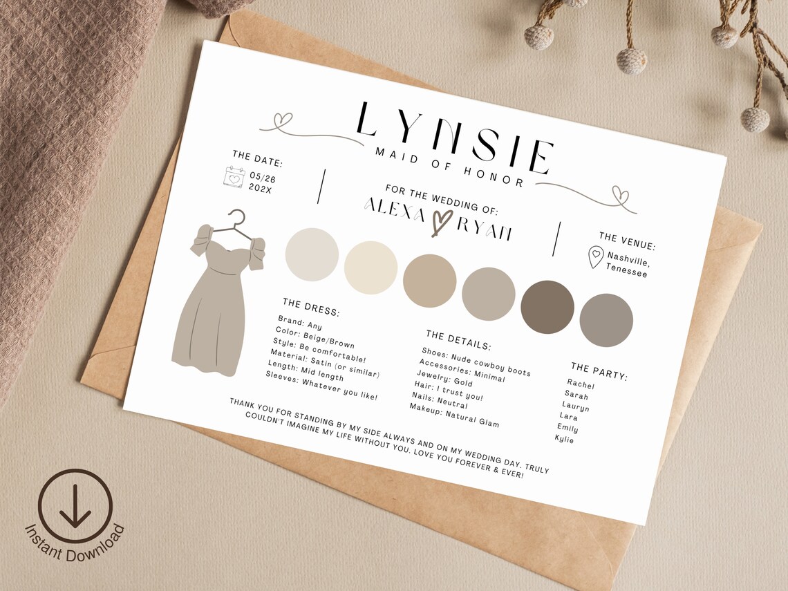 Bridal Party Information Card, Info Card Bridesmaid, Bridesmaid Info ...