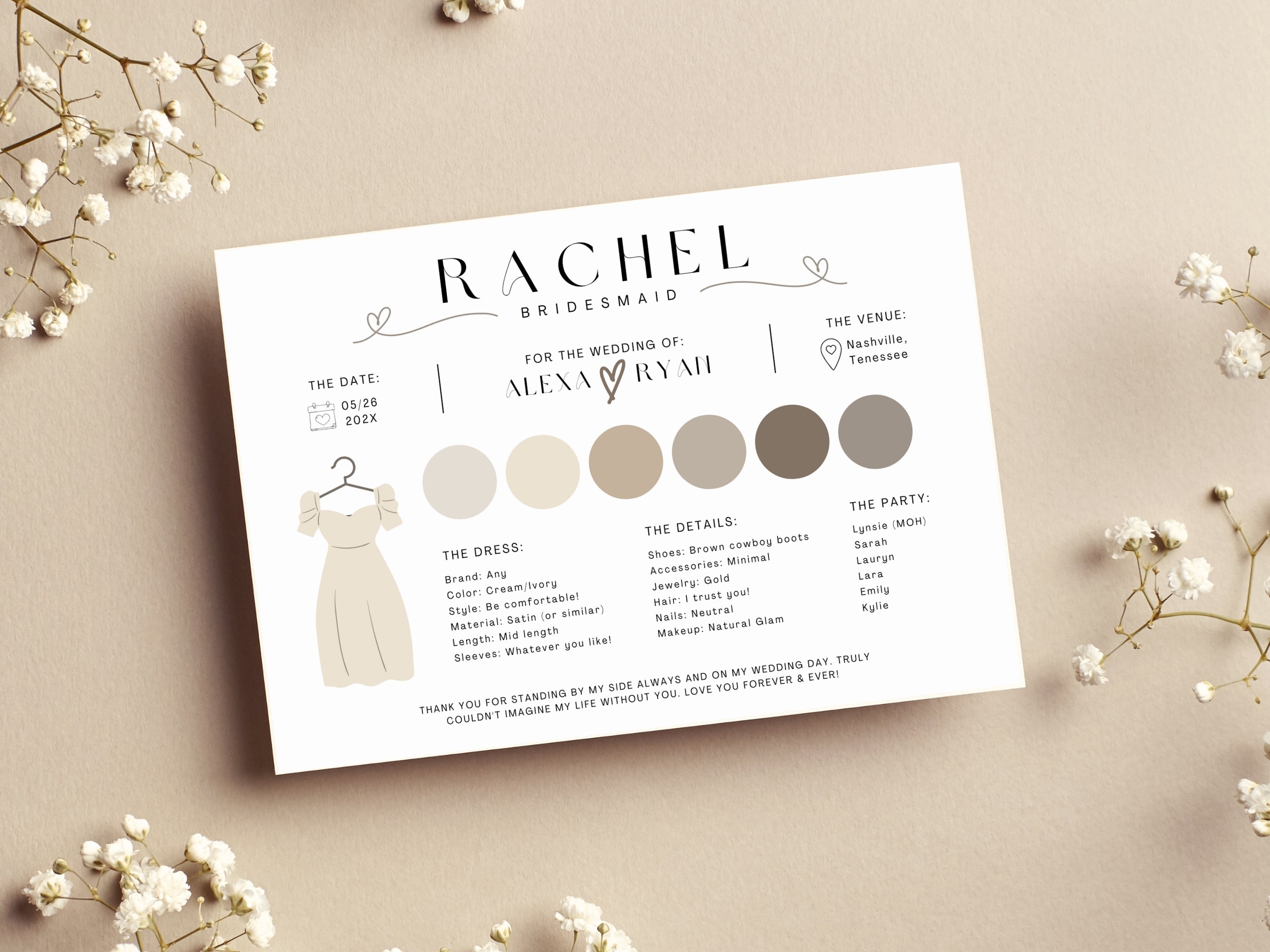 Bridal Party Information Card, Info Card Bridesmaid, Bridesmaid Info ...