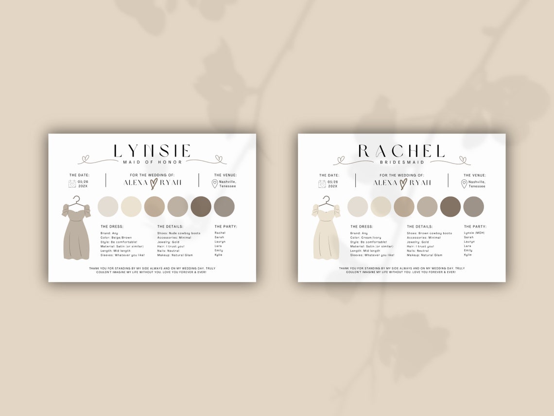 Bridal Party Information Card, Info Card Bridesmaid, Bridesmaid Info ...