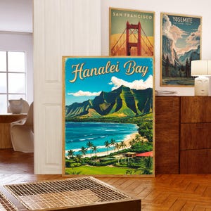 Hanalei Bay Vintage Travel Poster - Hanalei Bay Print, Hawaii Wall Art ...