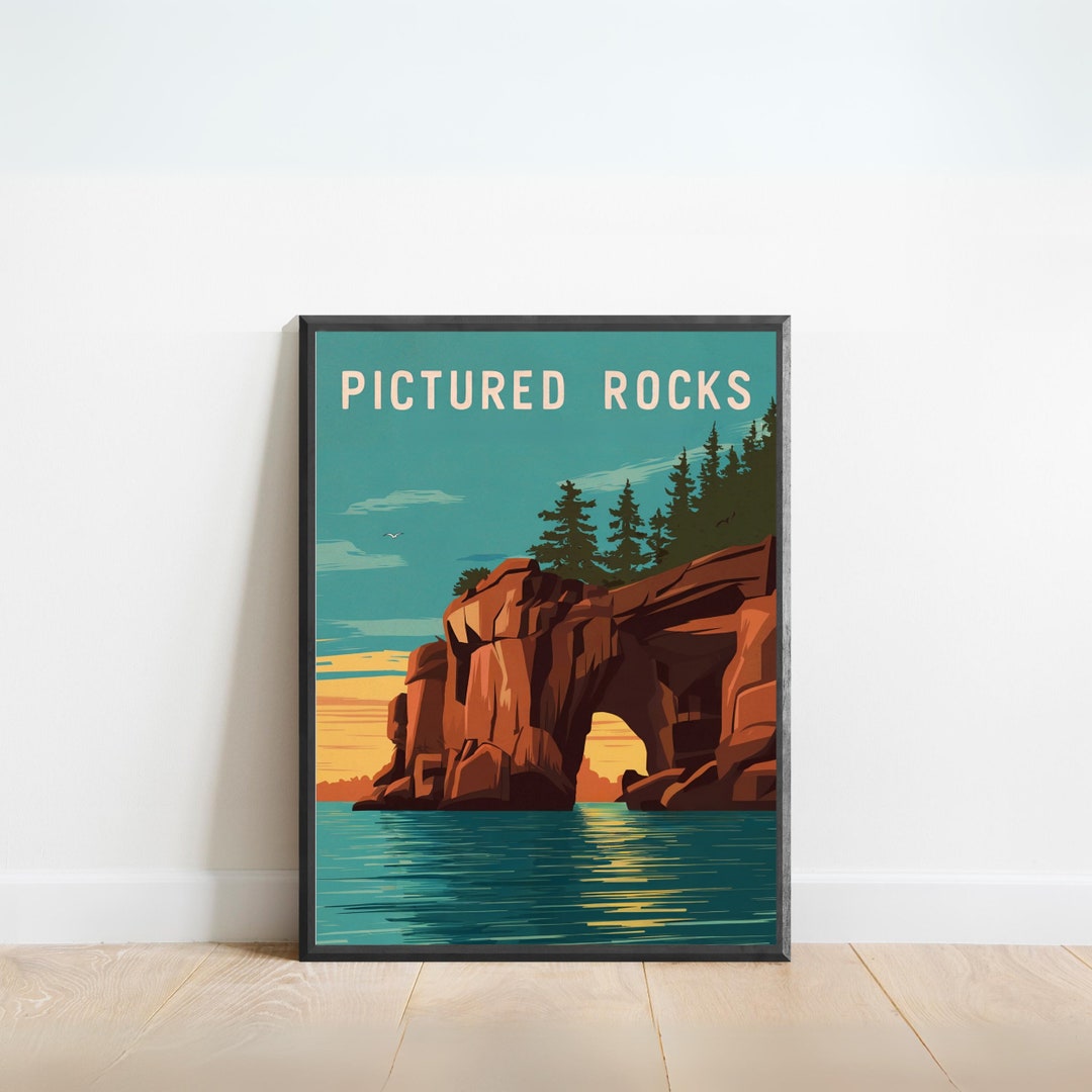 Pictured Rocks Vintage Travel Poster - Pictured Rocks Print, Michigan ...