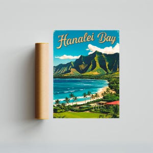 Hanalei Bay Vintage Travel Poster - Hanalei Bay Print, Hawaii Wall Art ...