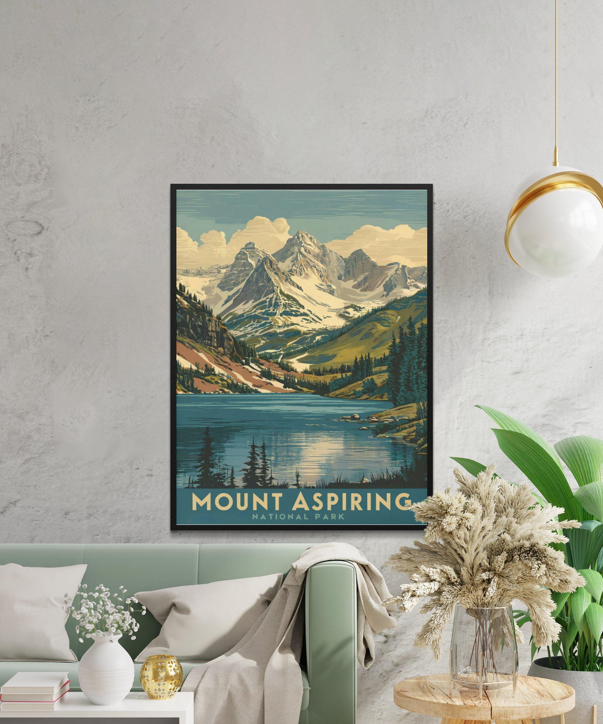 Mount Aspiring National Park Vintage Travel Poster - Mount Aspiring ...