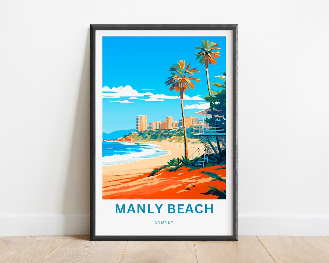 Manly Beach Travel Print - Manly Beach Poster, Sydney Wall Art, Framed ...