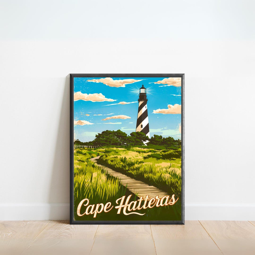 Cape Hatteras Vintage Travel Poster - Lighthouse Print, North Carolina ...