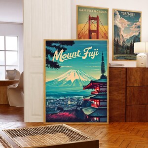 Mount Fuji Vintage Travel Poster - Mount Fuji Print, Japan Wall Art, Framed Present, Gift Japan ...