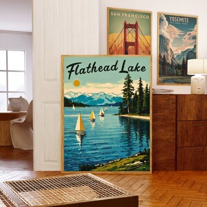 Flathead Lake Vintage Travel Poster - Flathead Lake Print, Montana Wall ...