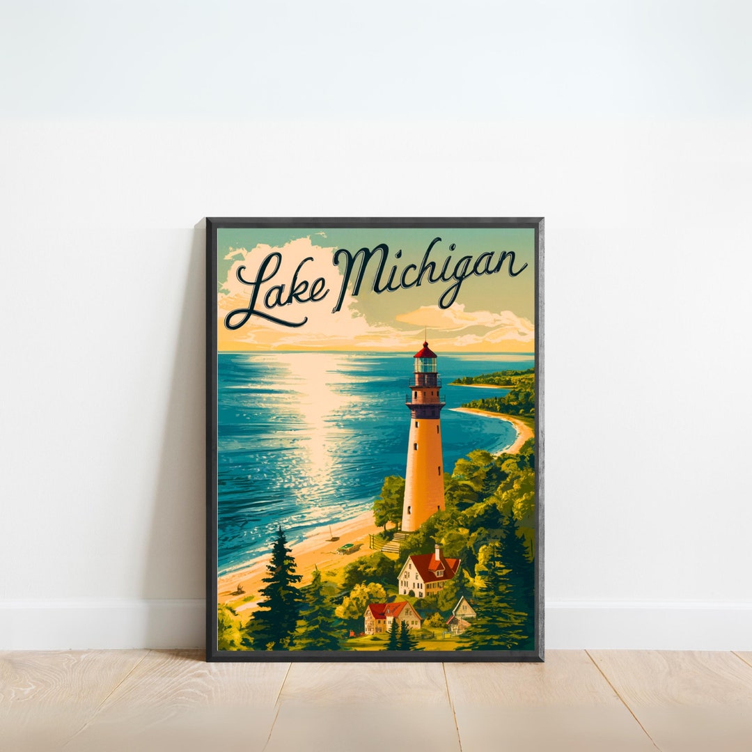 Lake Michigan Vintage Travel Poster - Lake Michigan Print, Great Lakes ...
