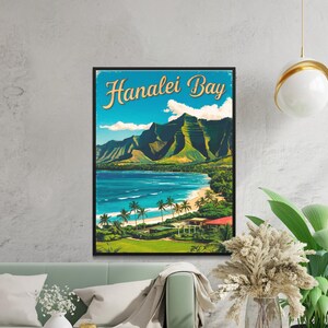 Hanalei Bay Vintage Travel Poster - Hanalei Bay Print, Hawaii Wall Art ...