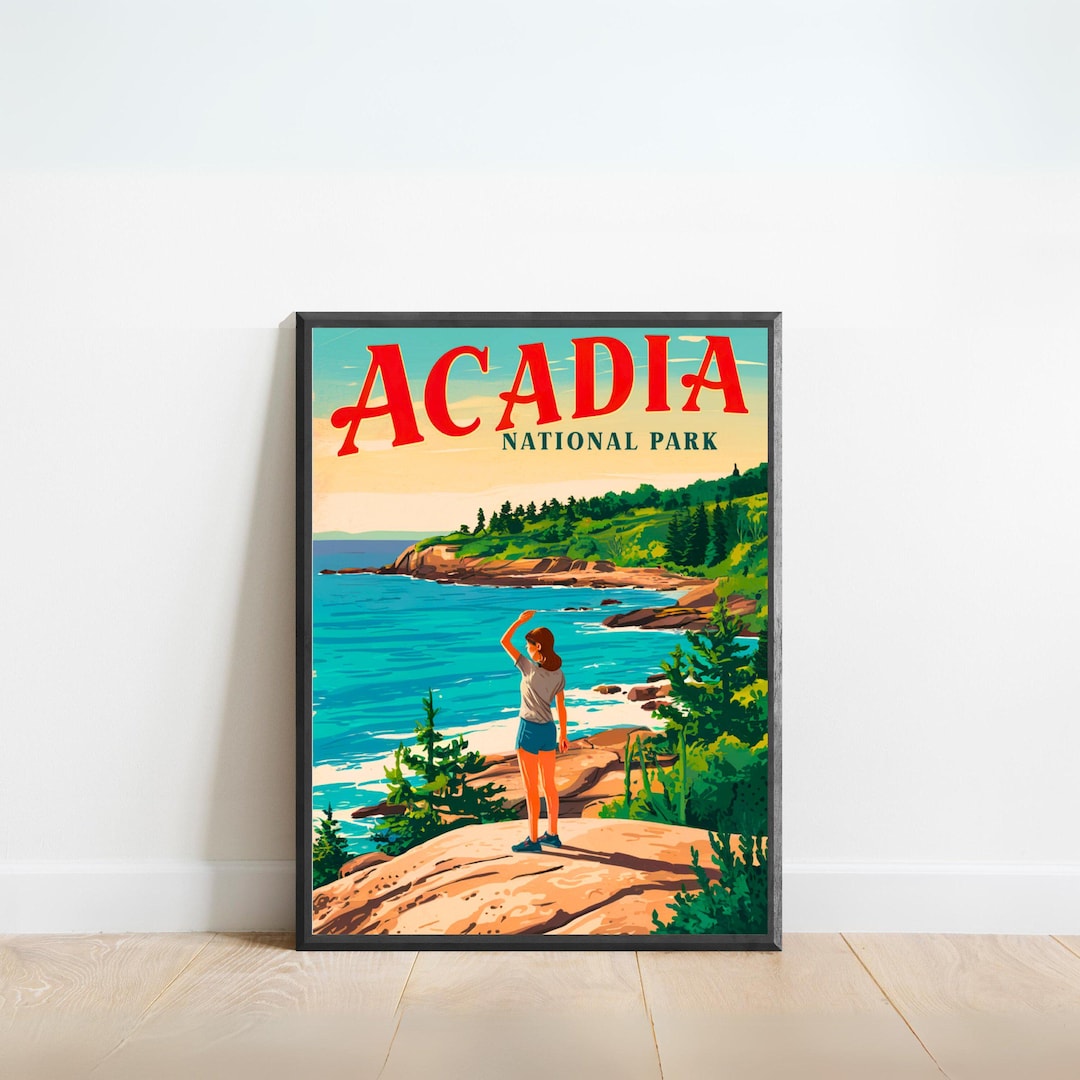 Acadia Vintage Travel Poster - Acadia National Park Print, Maine Wall ...