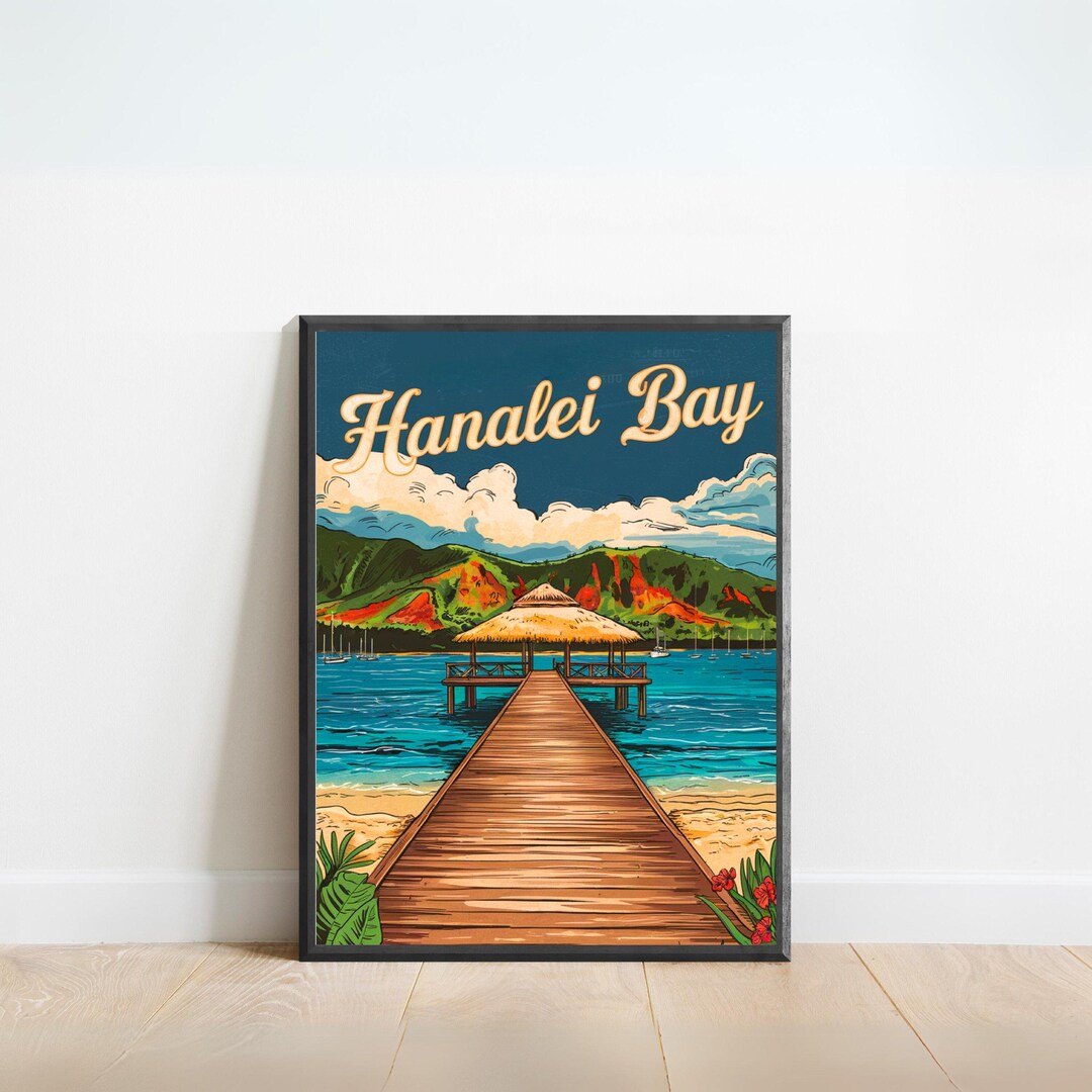 Hanalei Bay Vintage Travel Poster - Hanalei Bay Print, Hawaii Wall Art ...