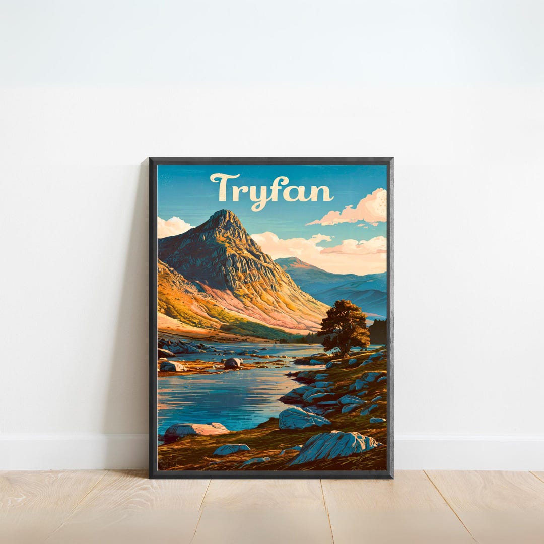 Tryfan Vintage Travel Poster - Tryfan Print, Snowdonia, North Wales ...