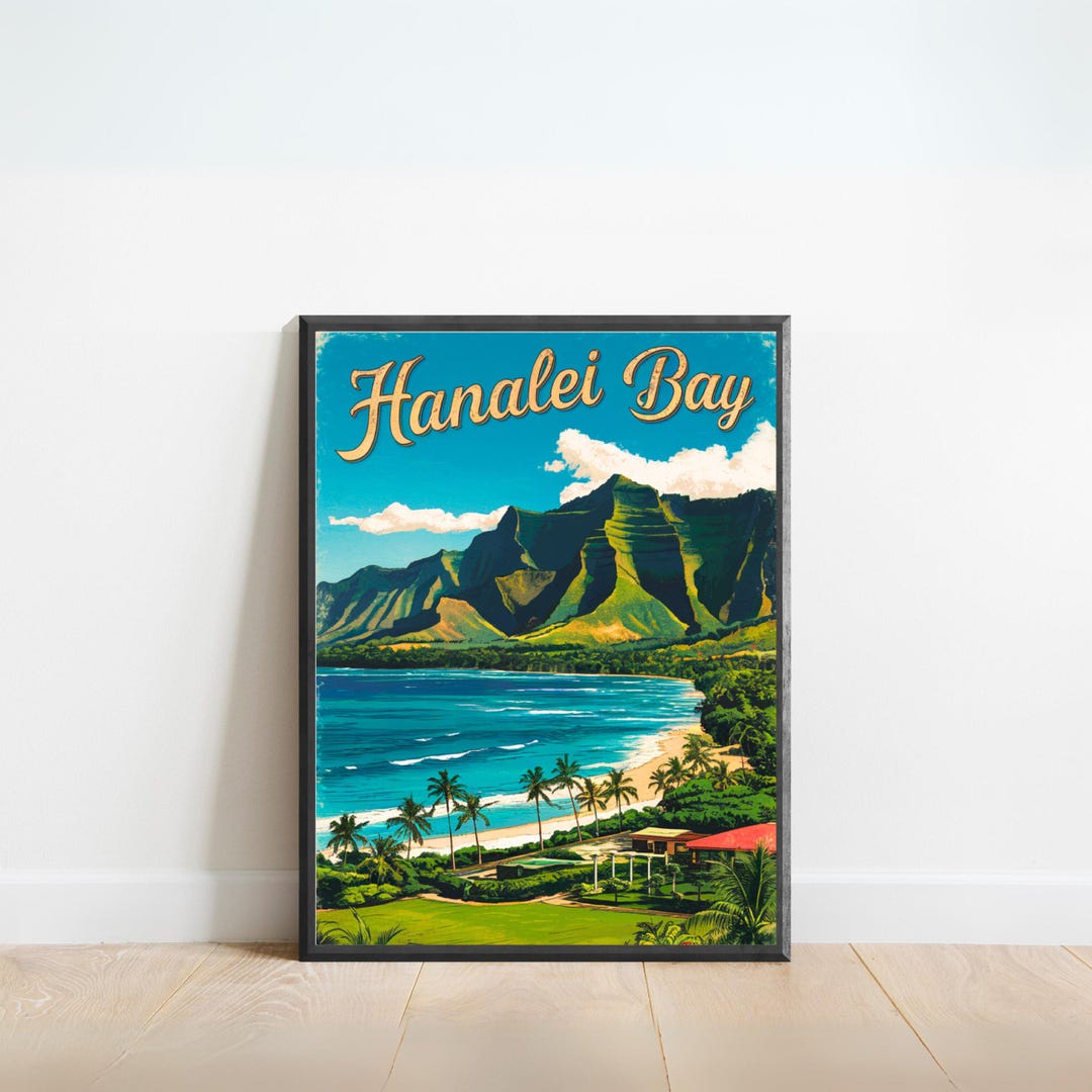 Hanalei Bay Vintage Travel Poster - Hanalei Bay Print, Hawaii Wall Art ...