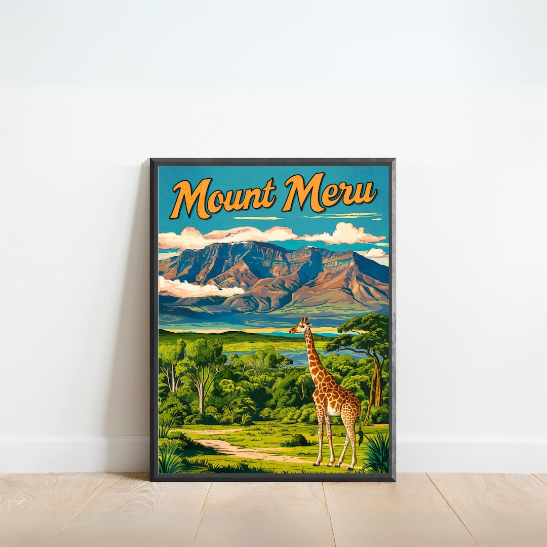 Mount Meru Vintage Travel Poster - Mount Meru Print, Tanzania Wall Art ...