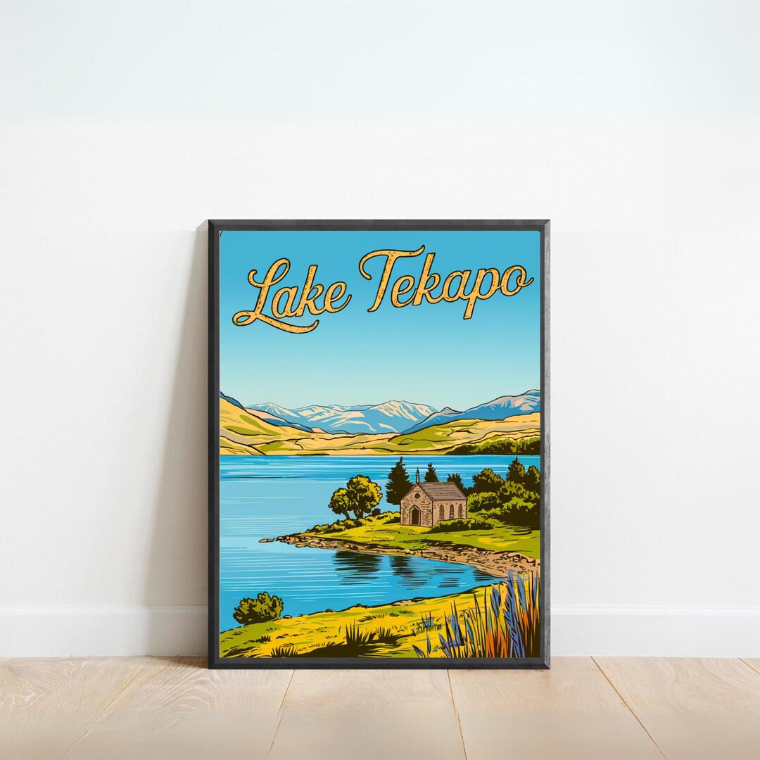 Lake Tekapo Vintage Travel Poster - Lake Tekapo Print, New Zealand Wall ...