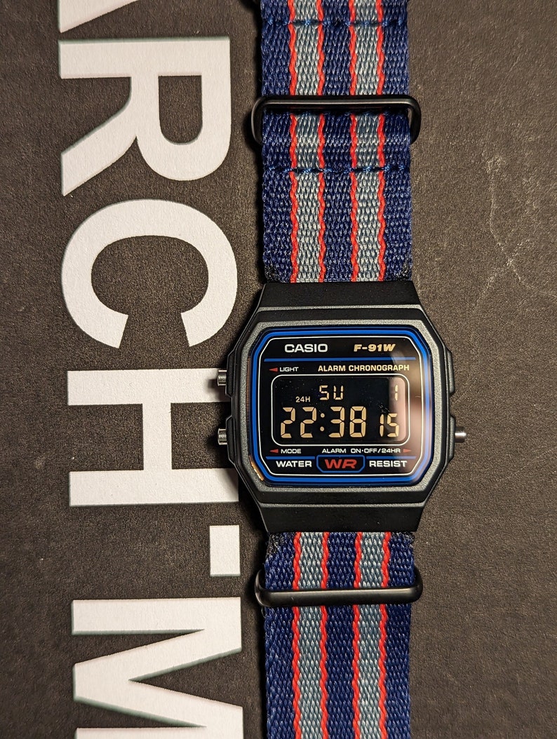 Custom Casio F-91W 22MM Custom-notched Nato Strap RETROCHROMA MOD Retro ...
