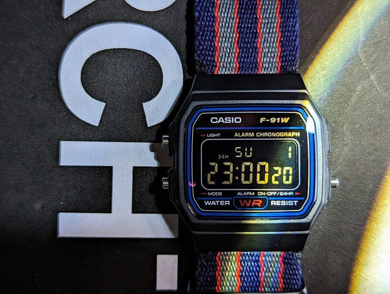 Custom Casio F-91W 22MM Custom-notched Nato Strap RETROCHROMA MOD Retro ...
