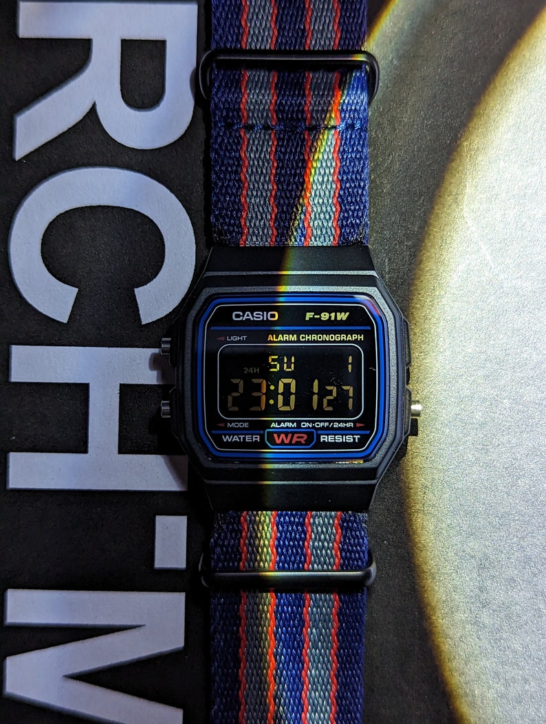 Custom Casio F-91W 22MM Custom-notched Nato Strap RETROCHROMA MOD Retro ...