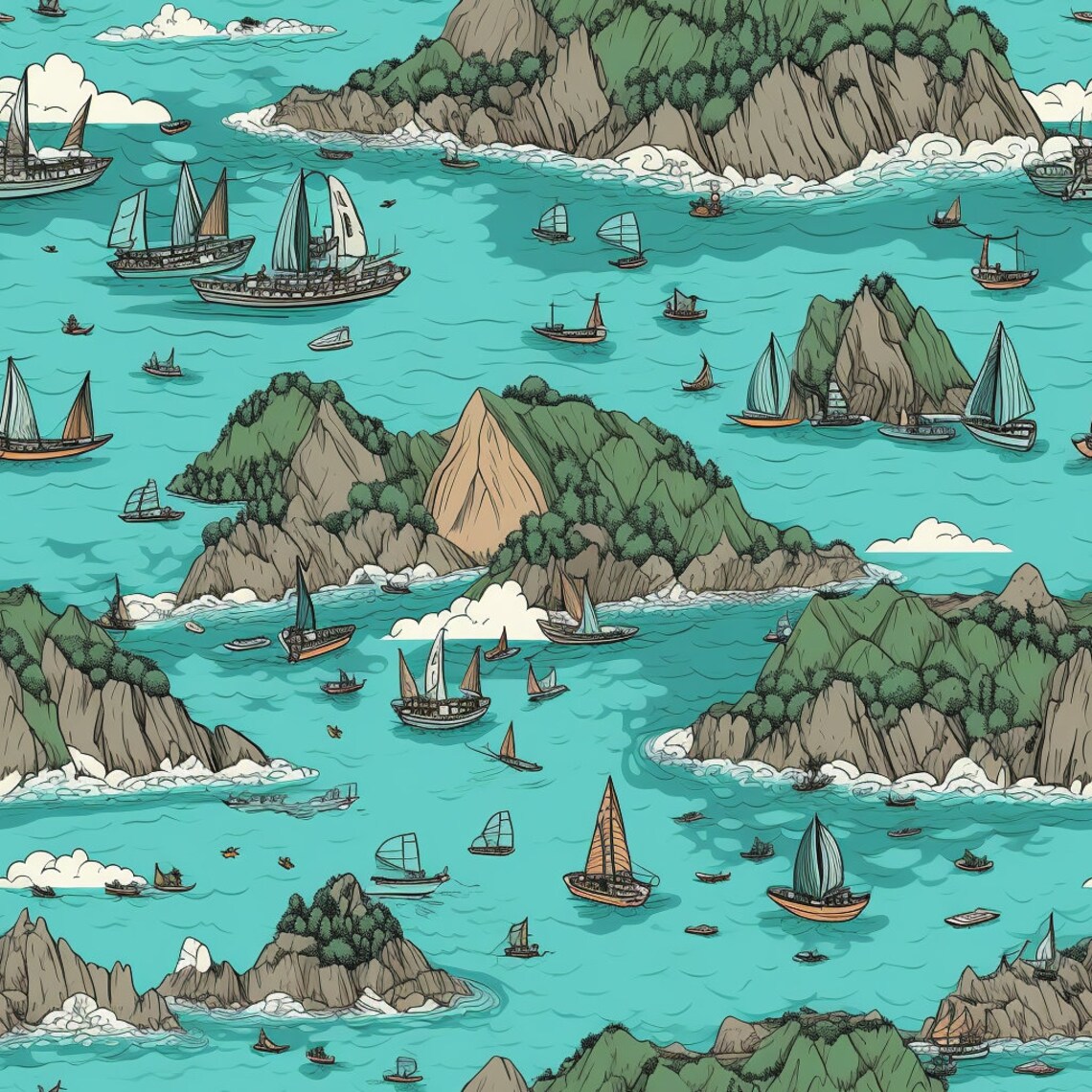 Cartoon Style Boats and Islands 2 Tiled Repeating Seamless Patterns Can ...