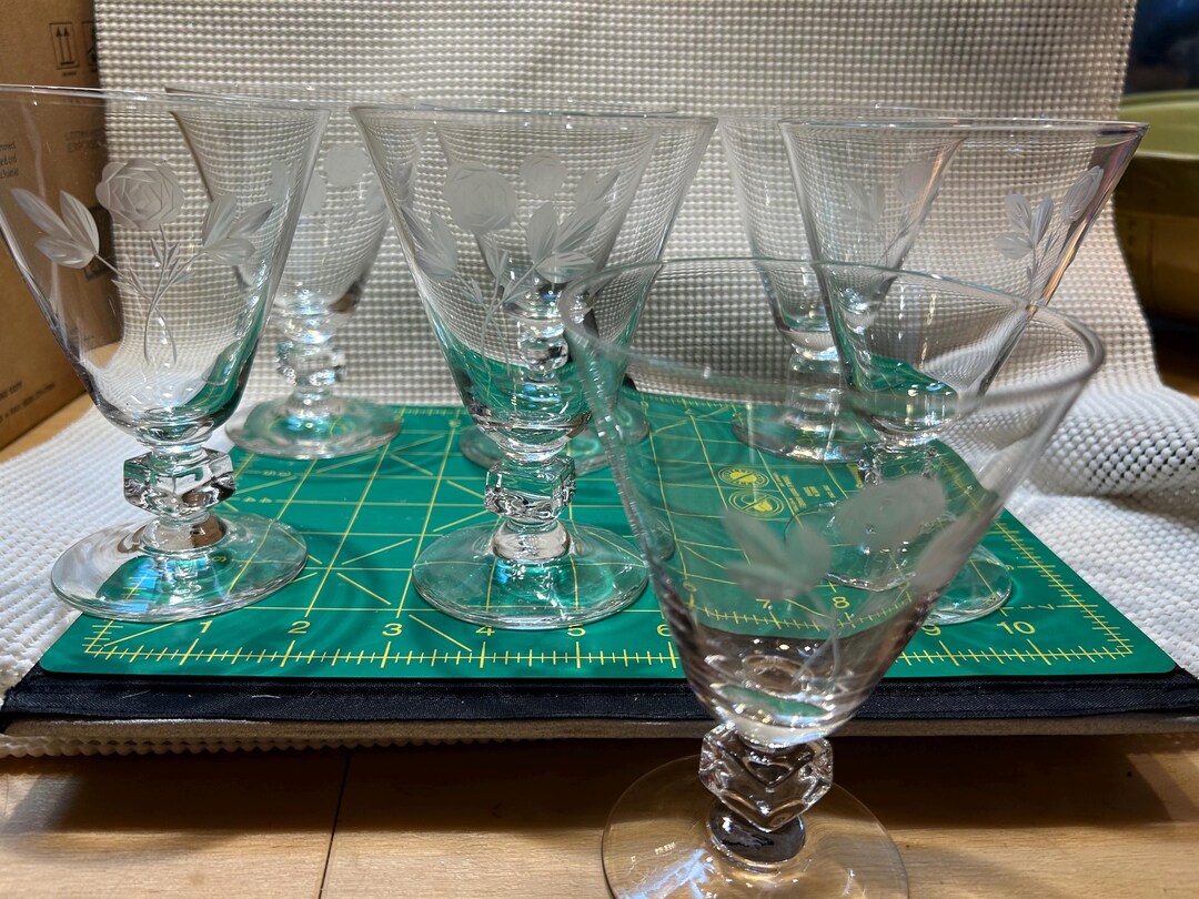 Vintage Etched Rose Stemware Set of 7 - Etsy
