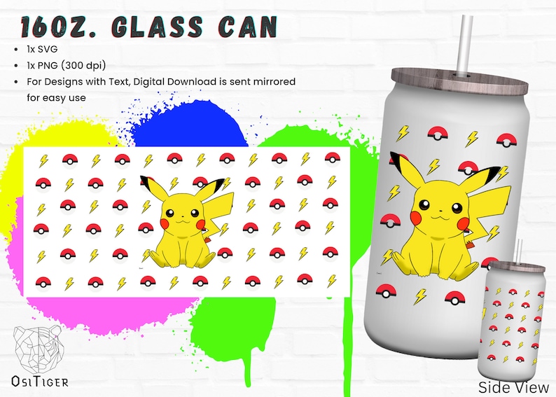 Electric Pikachu Sublimation Design for 16oz Glass Can Perfect for ...