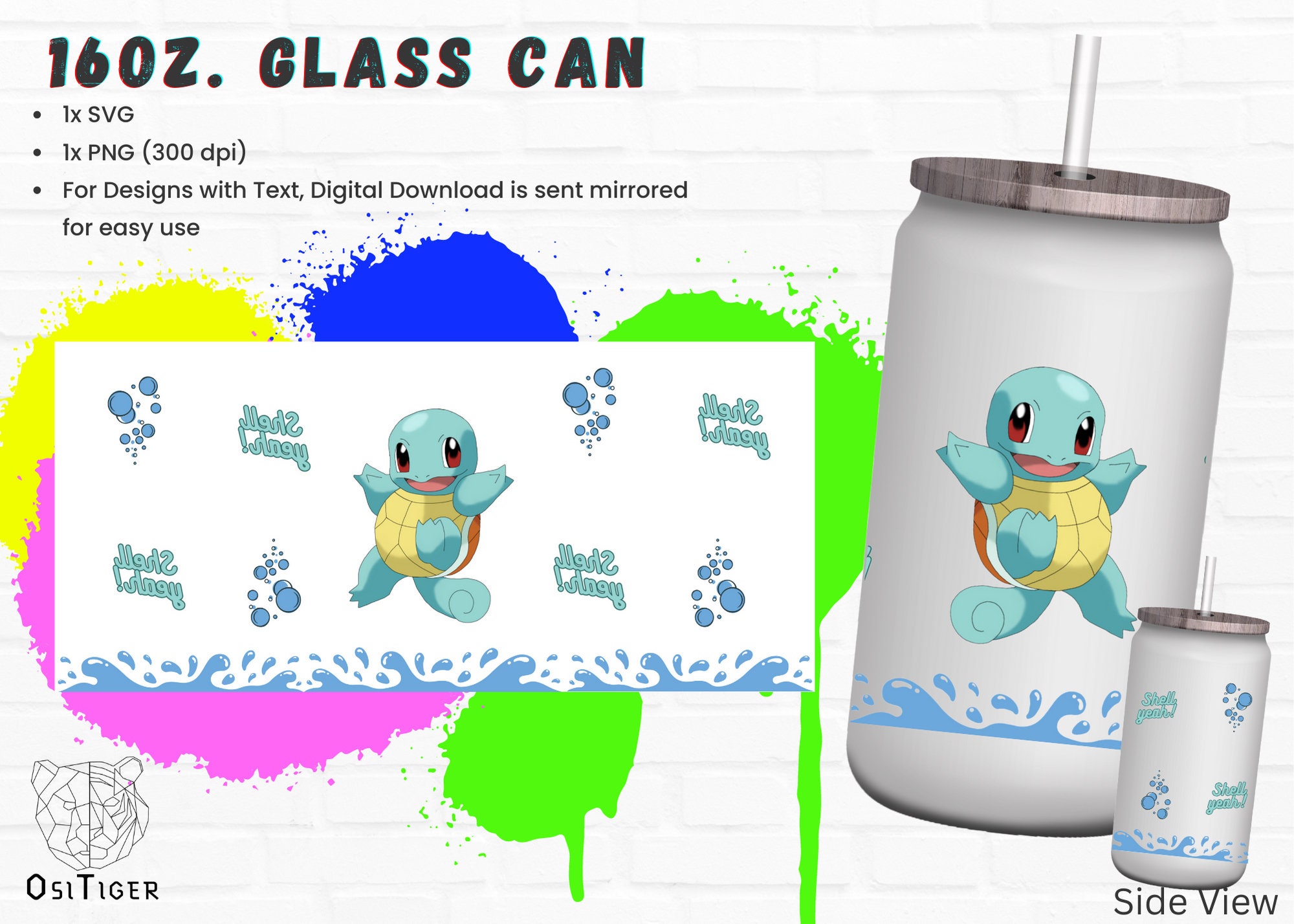 Squirtle Shell Yeah Sublimation Design for 16oz Glass Can (digital File ...