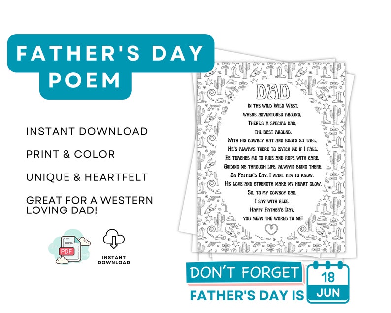 Father's Day Poem Coloring Page Cowboy Dad Western Dad - Etsy