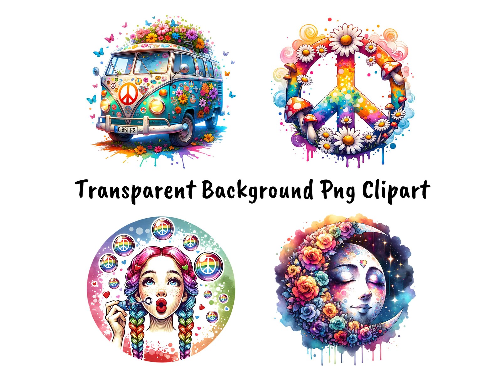 Hippie Era Clipart Bundle, 70s Retro Pngs, Boho Peace Sign, Rainbow ...