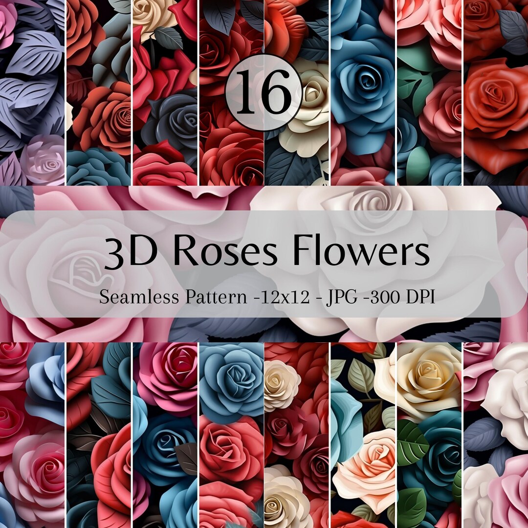3d Roses - 3d Flower Seamless Patterns - 16 Designs - 12x12in ...