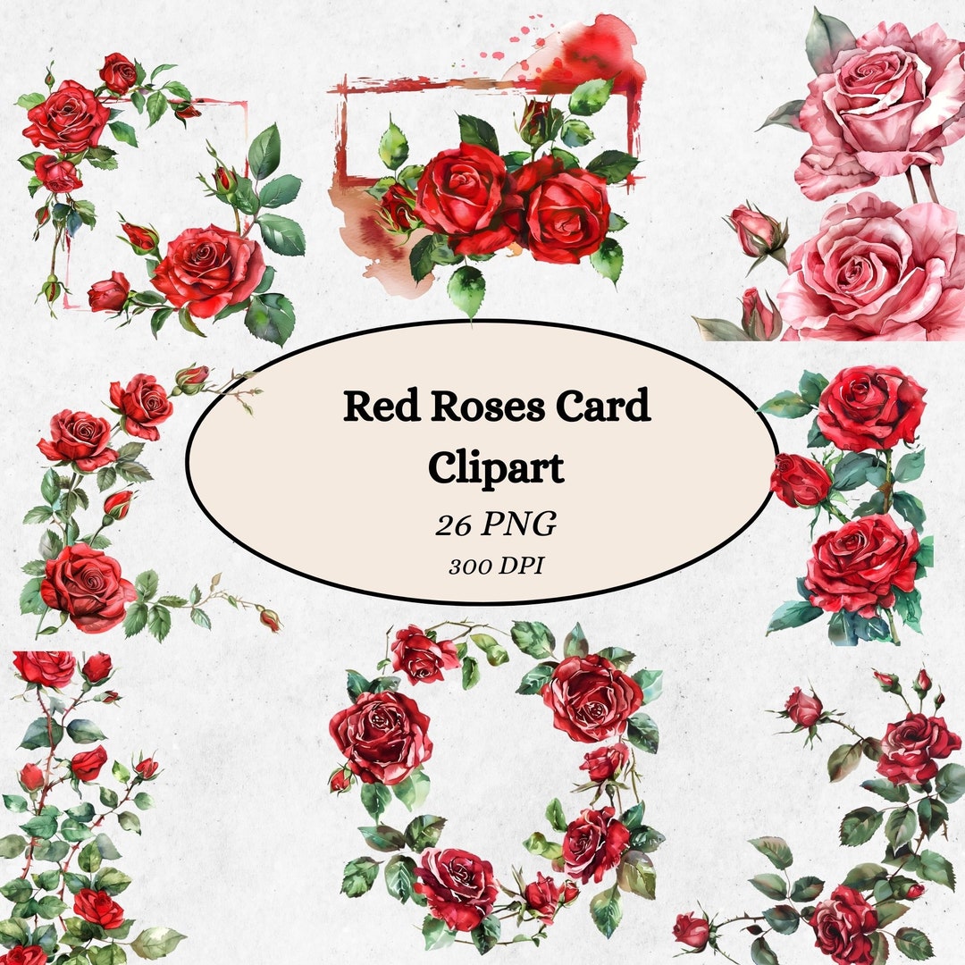 Vintage Red Roses Clipart, Floral Wedding Invitation Graphics ...