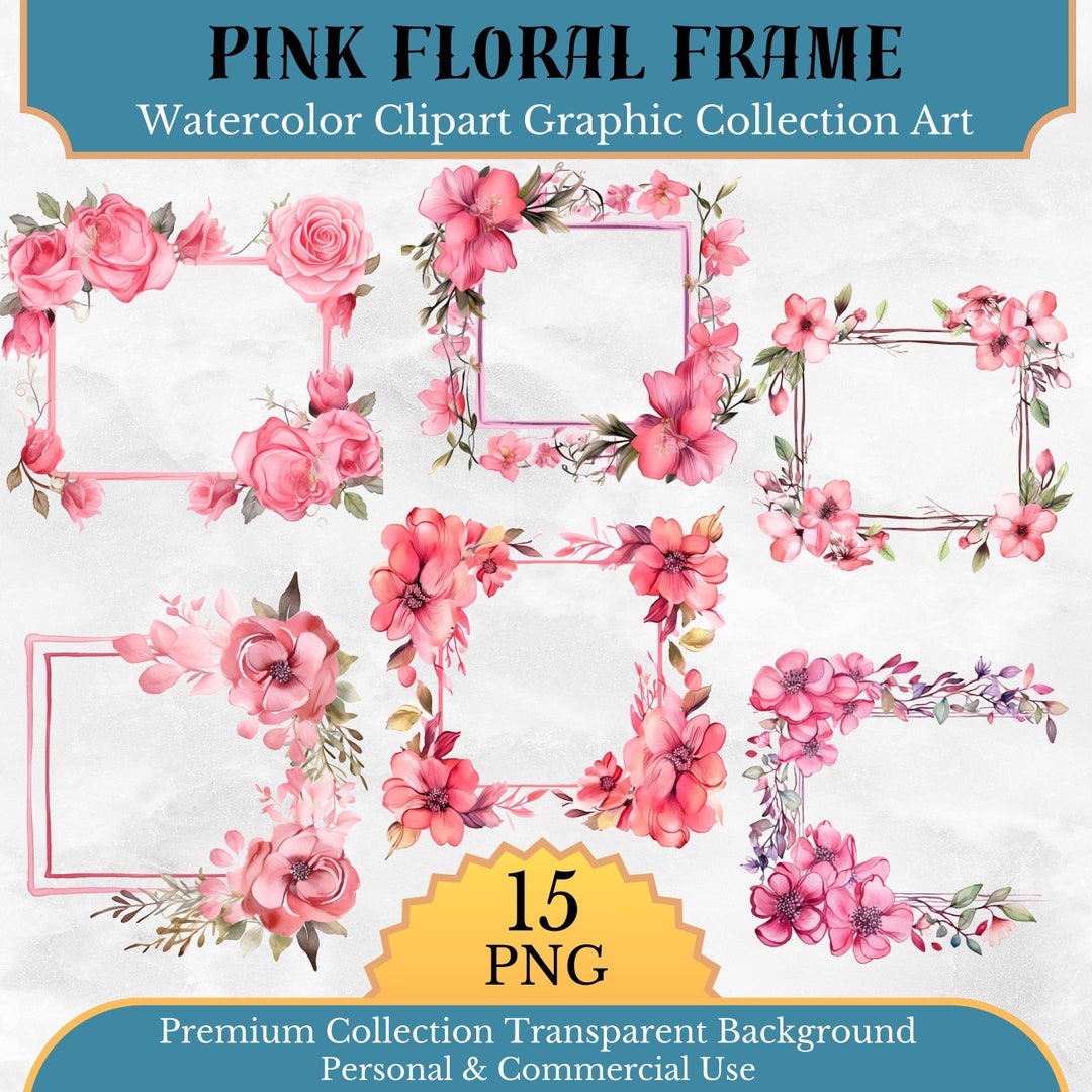 Set of 16, Watercolor Floral Pink Rectangular Frames, Floral Clipart ...