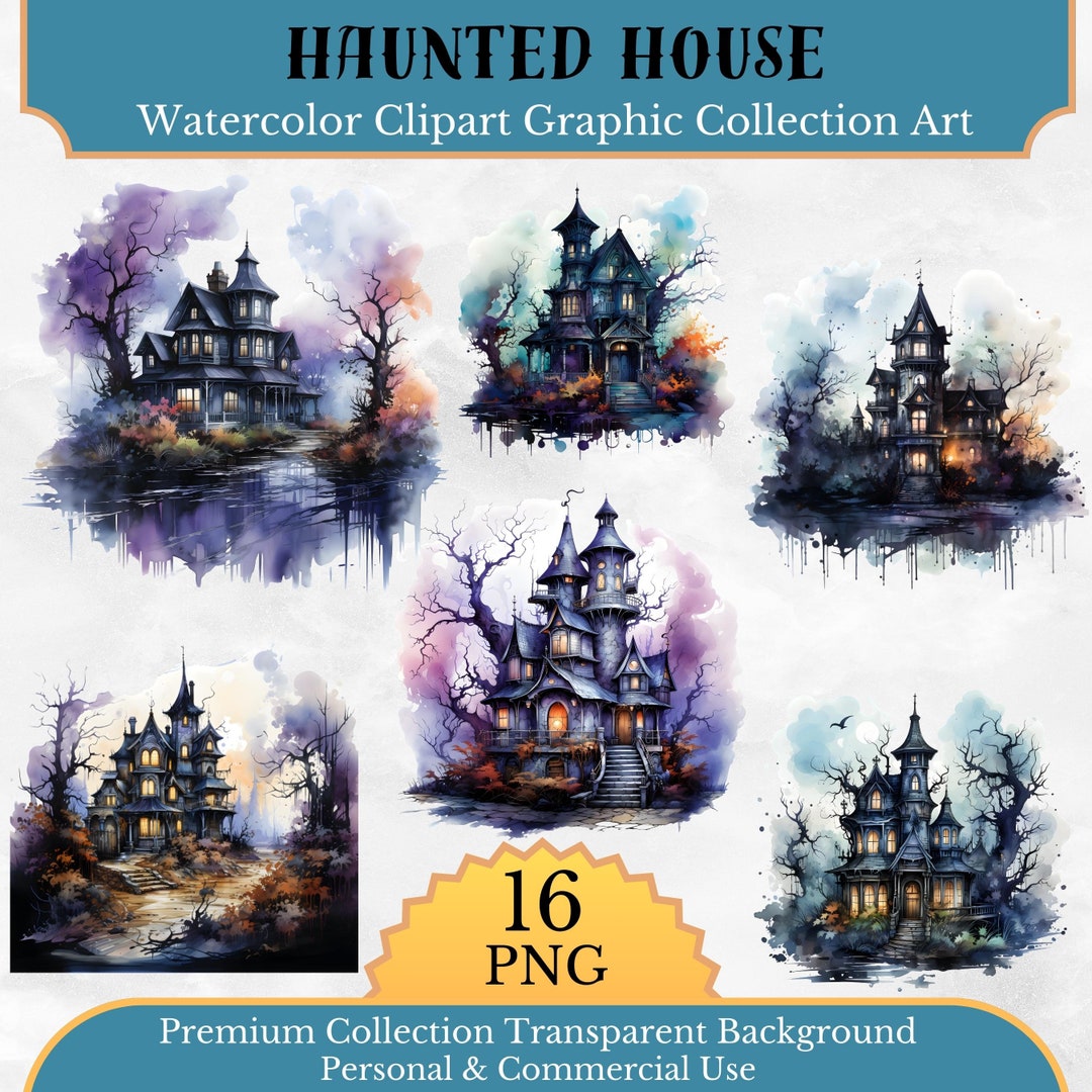 Watercolor Haunted House Clipart Witch House Stickers Halloween Clipart ...