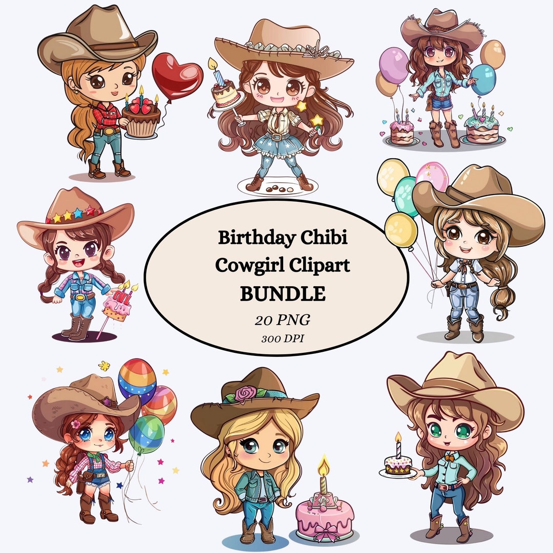 Cowgirl Chibi Clipart Bundle, Cute Western Digital Art, Birthday Party ...
