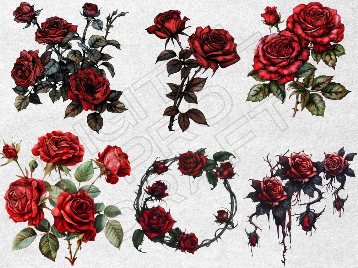 Gothic Red Roses Digital Clipart Bundle, Vintage Floral PNG ...