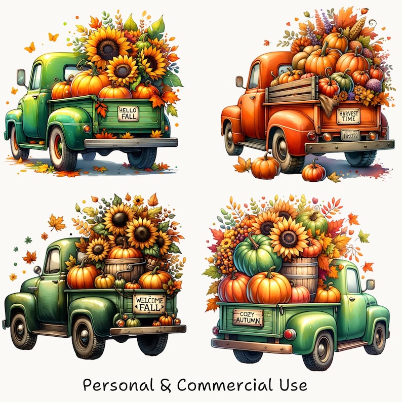 Watercolor Clipart Autumn Trucks Collection, Fall Truck Illustrations ...