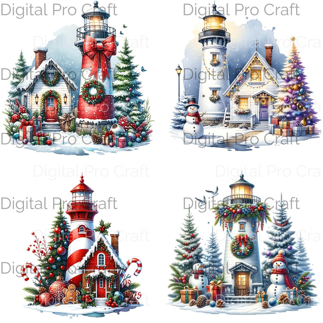 Christmas Lighthouse Clipart Bundle, Nautical Christmas, Christmas ...