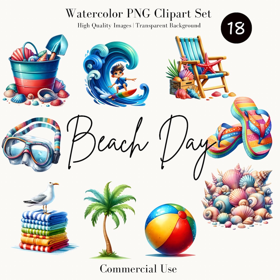 Watercolor Beach Day Collection Clipart - 18 PNG Beach Illustrations ...